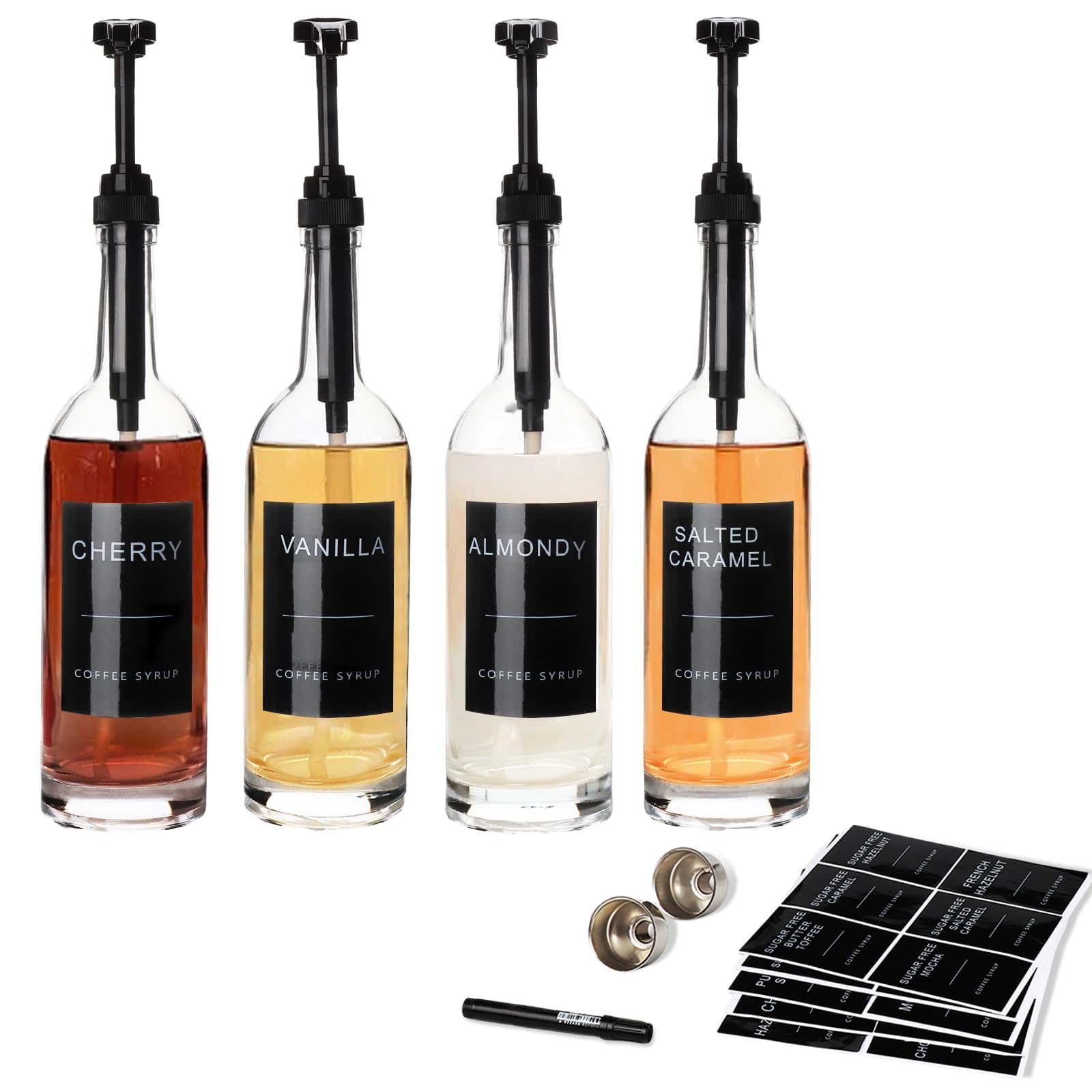 MSTCMZP 25.4 oz 750 ml Coffee Syrup Dispenser Set - 4 Black Dispensers With Pump & Labels - Glass Bottle Included - Coffee Bar Accessories