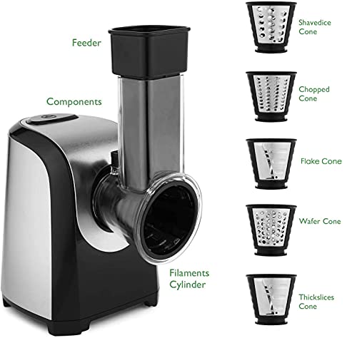Electric Cheese Grater, Professional Salad Maker with 5 Stainless Steel Rotary Blades and One-Touch Control, 150W Electric Slicer Shredder Grater Vegetable Cutter for Fruit, Vegetables, Cheeses