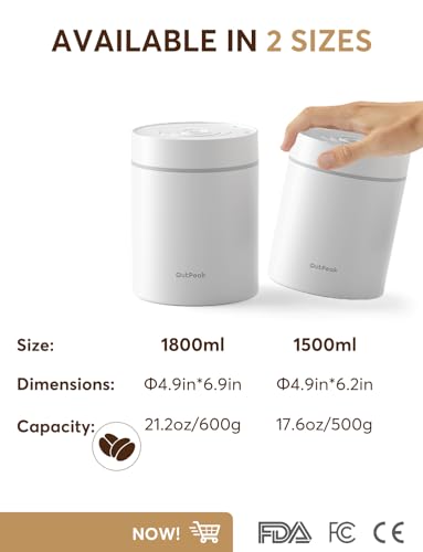 OUTPEAK Neo 2025 Kilo Auto Vacuum Coffee Canister, 1.5L Capacity for 17.6oz of Coffee Beans, One-Button Operation, Stainless Steel Coffee Storage Container for Barista, Gifting (Large, Pearl White)