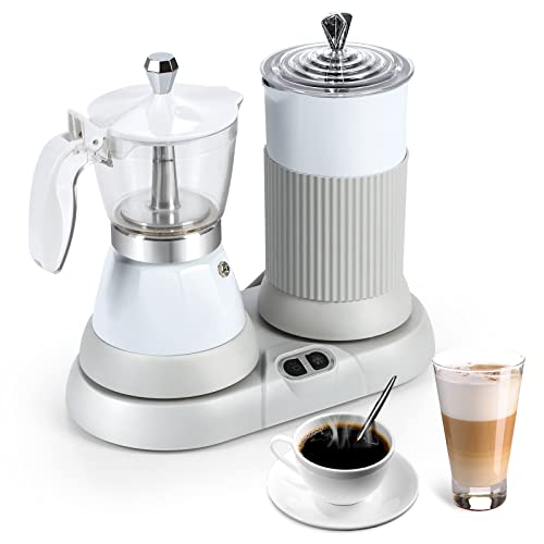 Hackvia Espresso Machine,Portable Espresso Coffee Maker and Cappuccino Latte Machine with Milk Frother,Espresso Maker with Steamer,2 in 1 Moka Pot for Home,Office and Travel,2-3 Cups,Aluminum