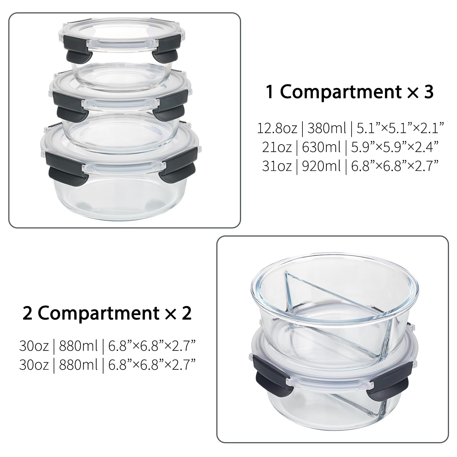 Moretoes 10pc Glass Food Storage Containers with Lid, Gray Round Single & 2 Compartment Meal Prep Containers, Airtight Glass Lunch Boxes for Leak Proof, Microwave, Oven, Freezer, Dishwasher