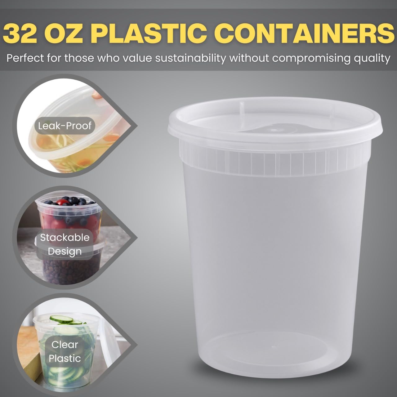 Smygoods 32oz Plastic Deli Containers with Lids - 45 Pack, BPA Free, Leakproof, Stackable, Microwave and Freezer Safe, Clear, Food Storage Containers for Meal Prep, Lunches, Snacks