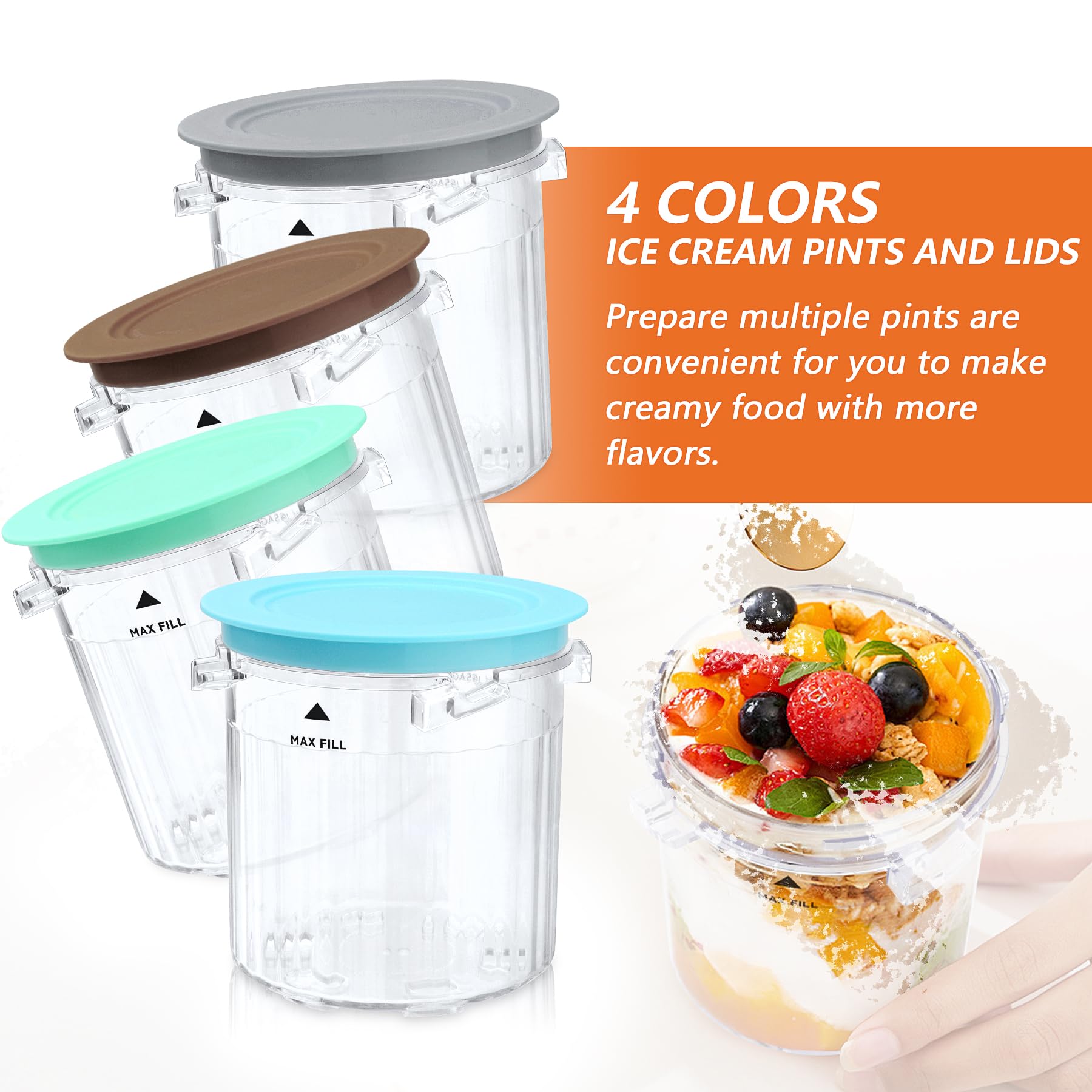 FENKOA Pint Containers and Lids Replacement for Ninja Creami Breeze Containers - 4 Pack, 16oz Pint Cups Replacement for NC100 NC101 NC200 NC201 NC201Q NC205A Ice Cream Maker, BPA Free