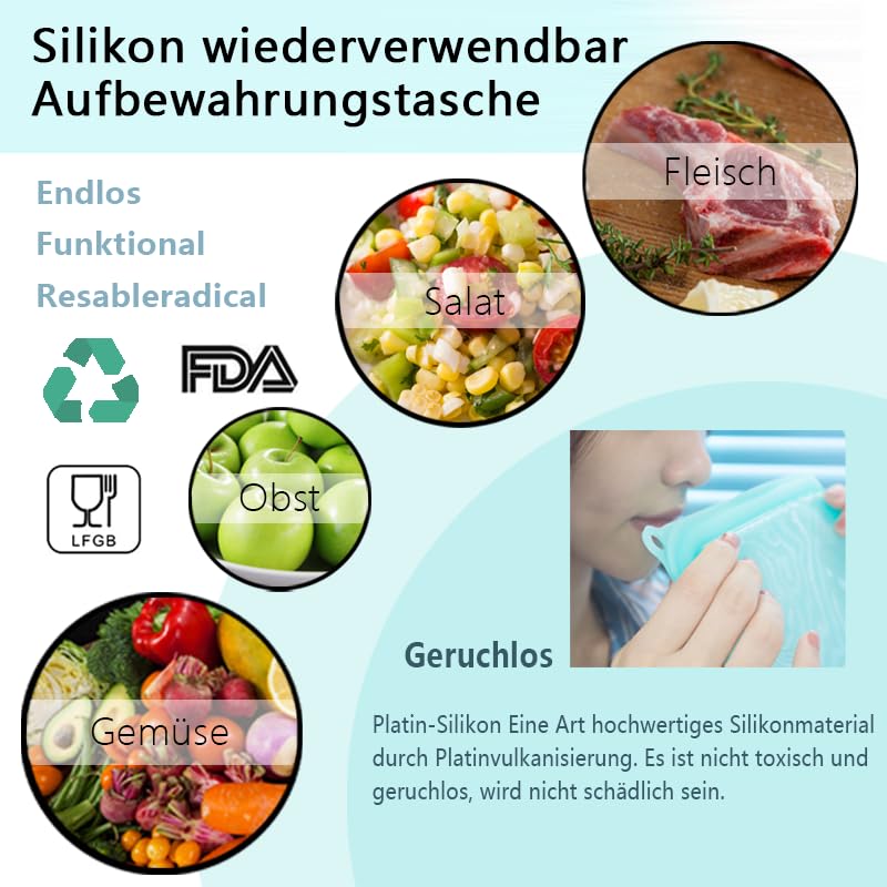 Kelina 1/2 Gallon Reusable Silicone Storage Bag,Food Storage Container Set,Microwave and Dishwasher Safe,Leak-free,Clear
