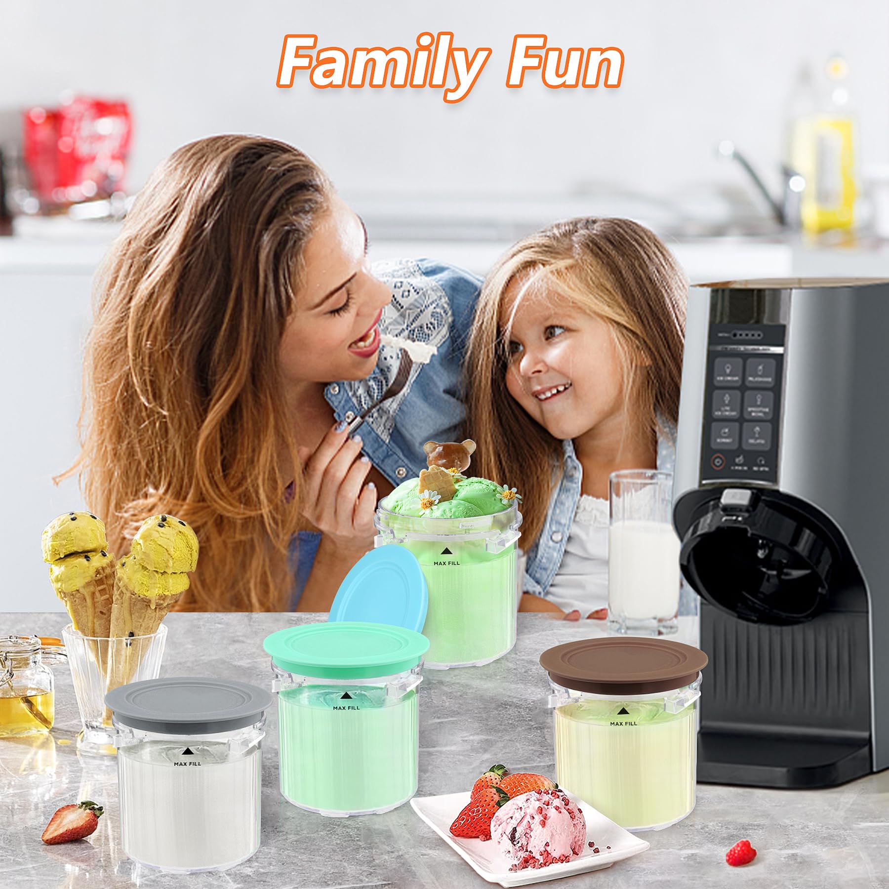 FENKOA Pint Containers and Lids Replacement for Ninja Creami Breeze Containers - 4 Pack, 16oz Pint Cups Replacement for NC100 NC101 NC200 NC201 NC201Q NC205A Ice Cream Maker, BPA Free