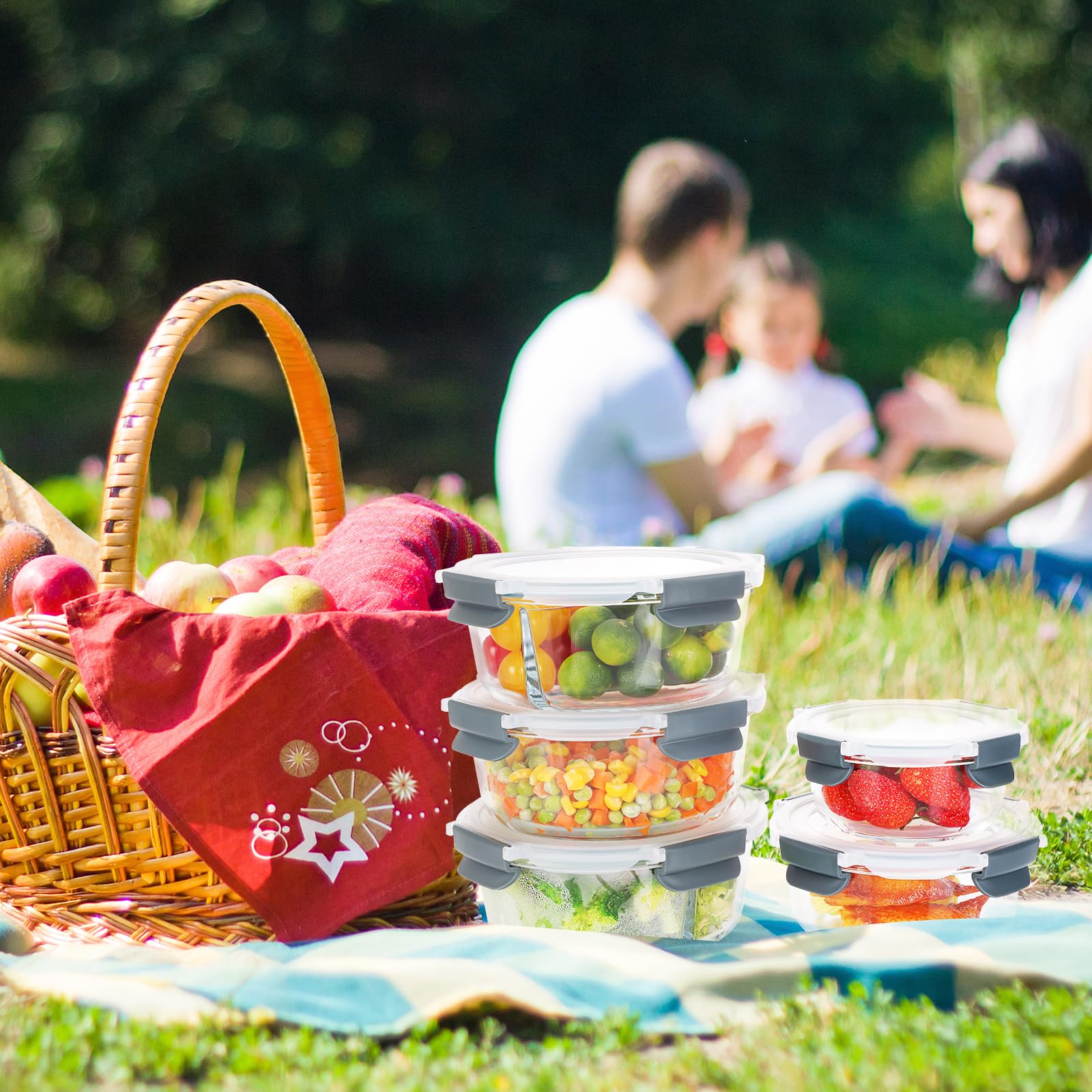 Moretoes 10pc Glass Food Storage Containers with Lid, Gray Round Single & 2 Compartment Meal Prep Containers, Airtight Glass Lunch Boxes for Leak Proof, Microwave, Oven, Freezer, Dishwasher
