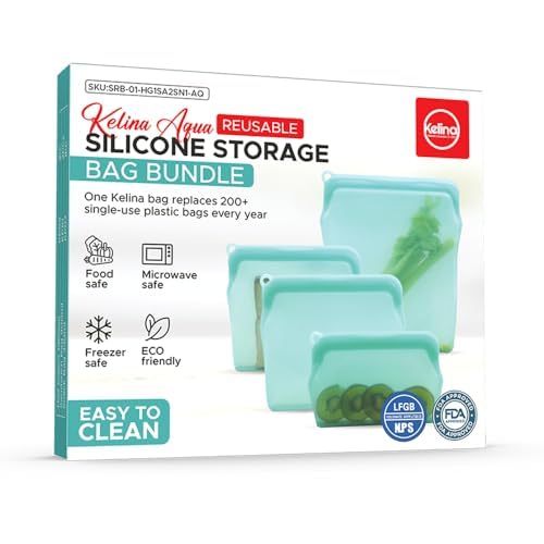 Kelina 4-Packs Reusable Silicone Storage Bag,Food Storage Container Set,Microwave and Dishwasher Safe,Leak-free,Aqua