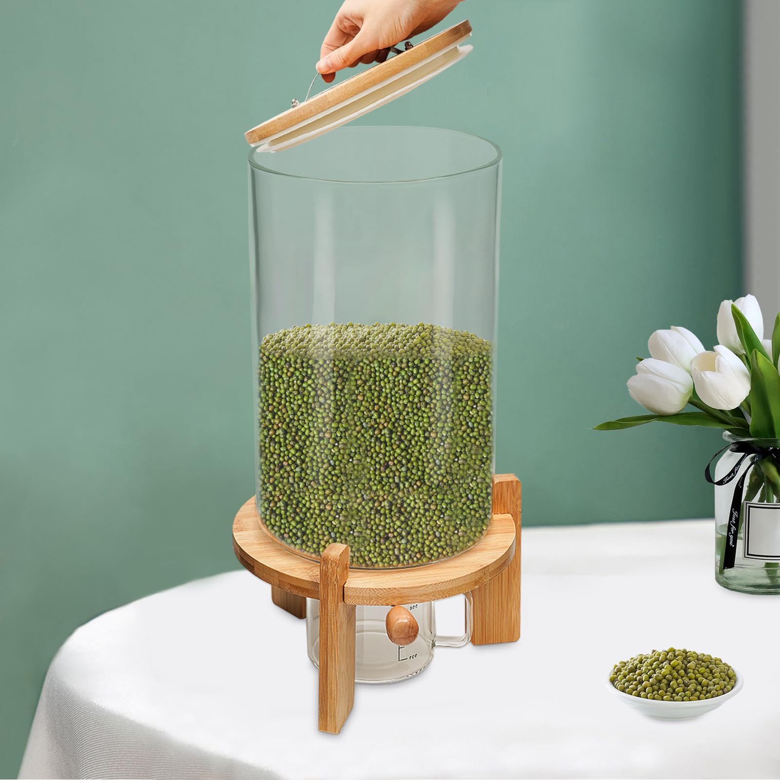 LINISHOP Rice Dispenser Grain Container Flour and Cereal Storage Dry Food Glass Bottle Container for Kitchen Organization w/Stand+Valve+Cup+Lid New (7.5L)
