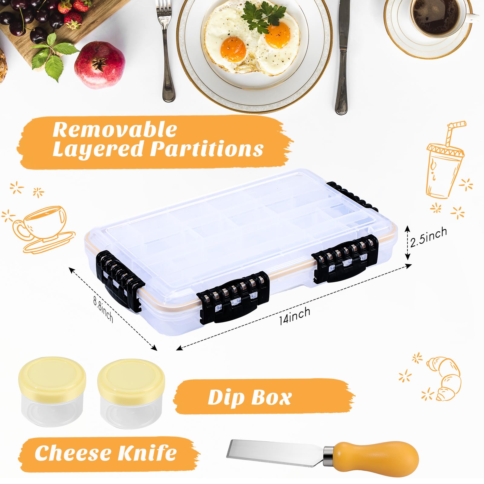 Menkxi Charcuterie Snackle Box, Waterproof Travel Charcuterie Containers Box with Lid Keeps Snacks Fresh Dry, Removable Dividers 24 Compartments, Ideal for the Boat, Beach, Picnics (Yellow)