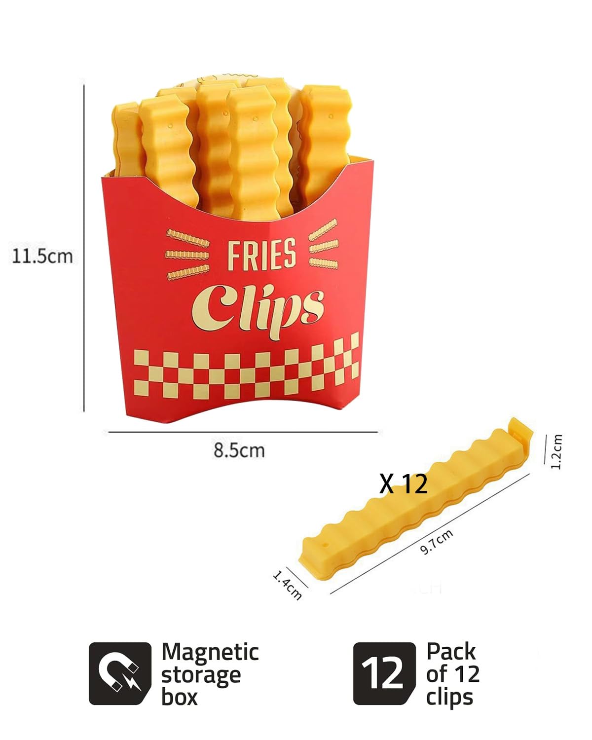 Magnetic Fries Chip Clips Set,12 Pack Durable Plastic Food Clip & Cute Refrigerator Magnets Curved Sealing Design French Fries Bag Clips for Food Fresh Storage, Kitchen Accessories & Home Decor