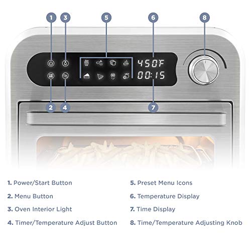 Elite Gourmet EAF1010D All Steel Exterior, Programmable 10.5Qt. Air Fryer, 8 Menu Settings Convection Countertop Oven, Temperature + Timer Controls, Bake, Toast, Broil, Air Fry
