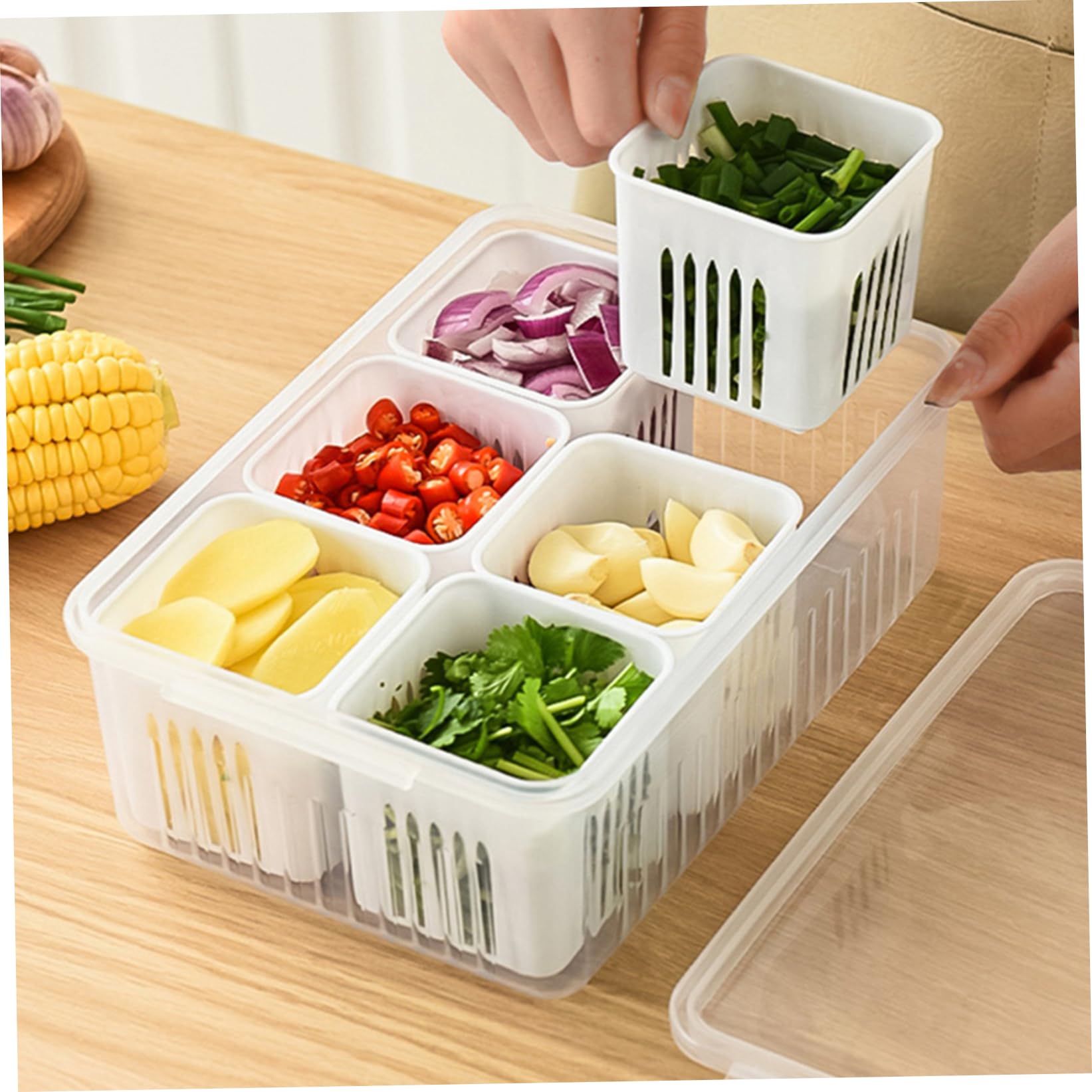 CurcKua Fridge Storage Containers Kitchen Scallion Storage Box 6-in-1 Snackle Box Container with Lid Plastic Reusable Fridge Vegie Fruit Food Fresh-Keeping Drain Box.