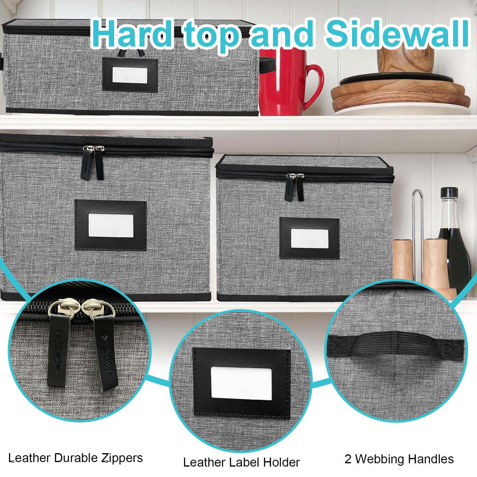 ouruer 5 PACK China Storage Containers-Quilted Mug Storage and Moving Boxes for Dishes,Dish Packing Supplies for Moving,Dinnerware &Accessories,Holds a total of 48 plates (4 sizes) and 12 cups(Grey)