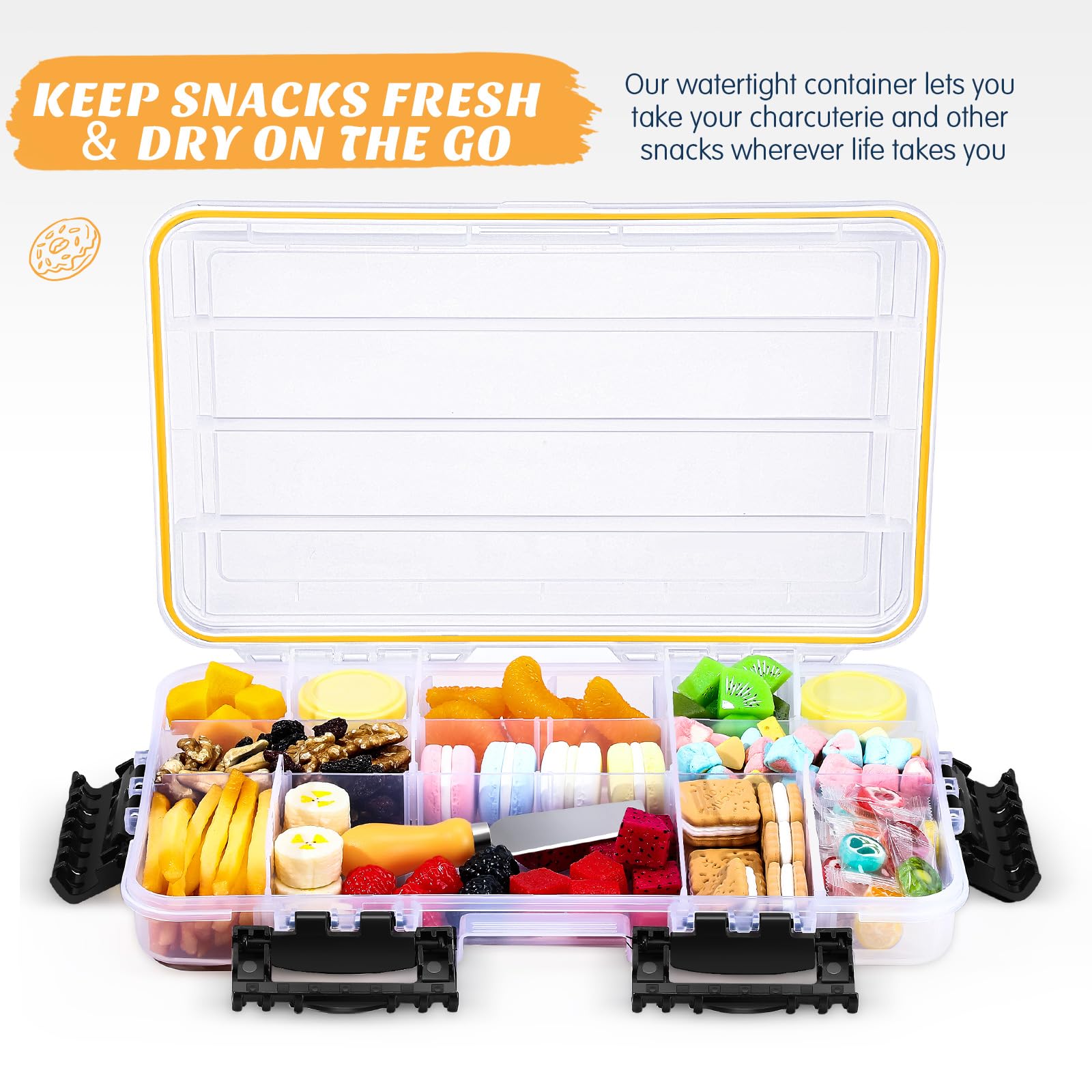 Menkxi Charcuterie Snackle Box, Waterproof Travel Charcuterie Containers Box with Lid Keeps Snacks Fresh Dry, Removable Dividers 24 Compartments, Ideal for the Boat, Beach, Picnics (Yellow)