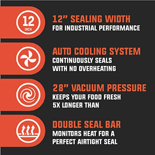 PrimalTek 12" Commercial Grade Vacuum Sealer - User Friendly for Food Savers, 26β Vacuum Pressure β Features an Auto Cooling System, Smart Heat Technology, and Vacuum Bag Positioning Guides