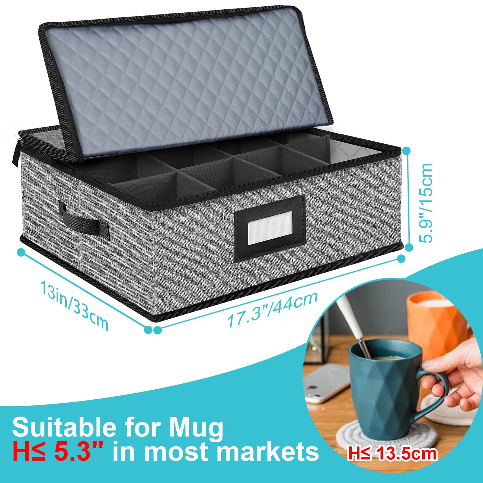 ouruer 5 PACK China Storage Containers-Quilted Mug Storage and Moving Boxes for Dishes,Dish Packing Supplies for Moving,Dinnerware &Accessories,Holds a total of 48 plates (4 sizes) and 12 cups(Grey)