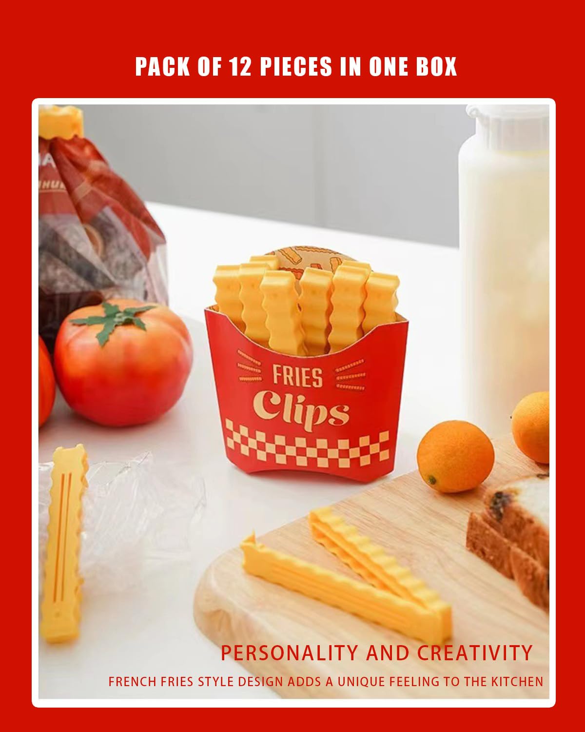 Magnetic Fries Chip Clips Set,12 Pack Durable Plastic Food Clip & Cute Refrigerator Magnets Curved Sealing Design French Fries Bag Clips for Food Fresh Storage, Kitchen Accessories & Home Decor