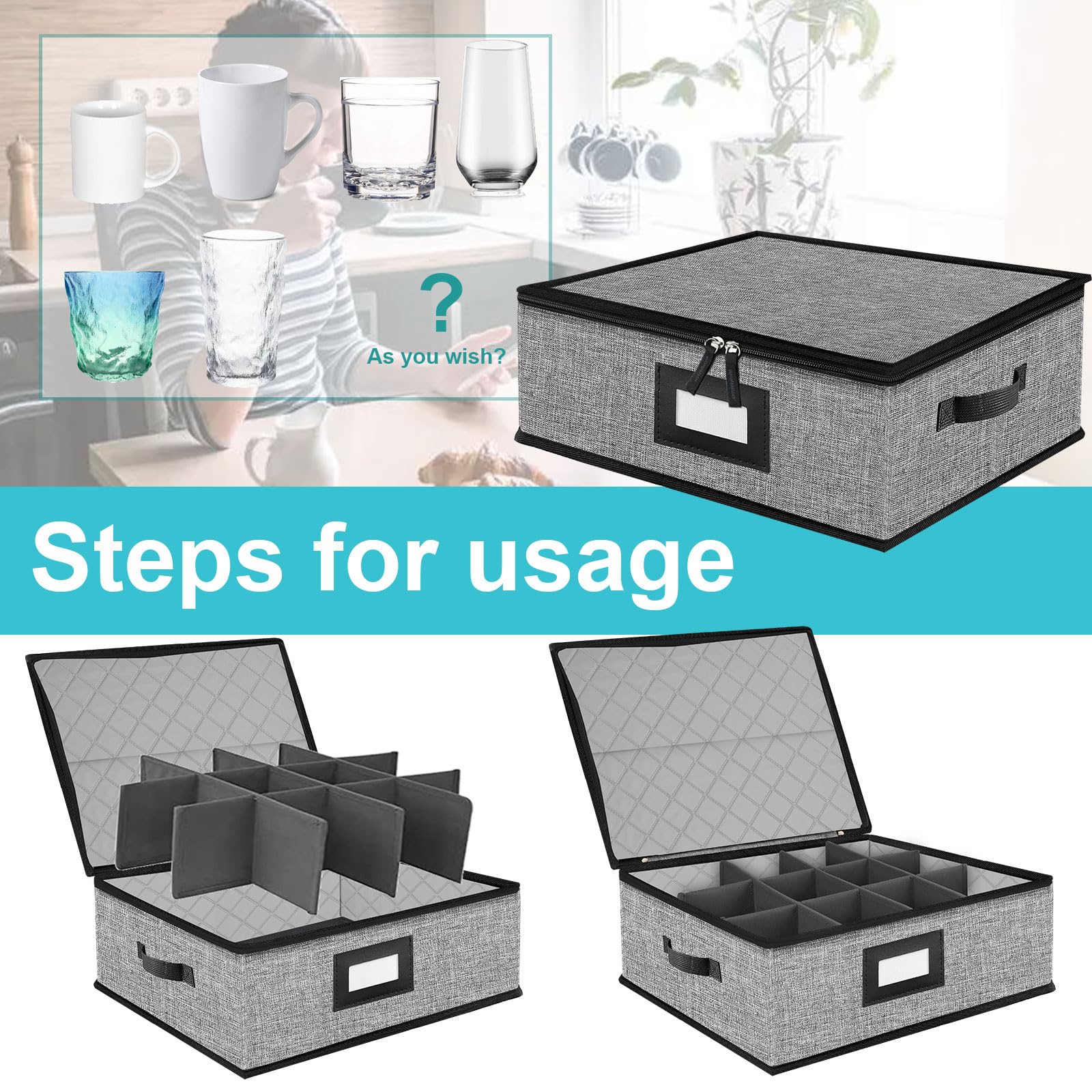 ouruer 5 PACK China Storage Containers-Quilted Mug Storage and Moving Boxes for Dishes,Dish Packing Supplies for Moving,Dinnerware &Accessories,Holds a total of 48 plates (4 sizes) and 12 cups(Grey)