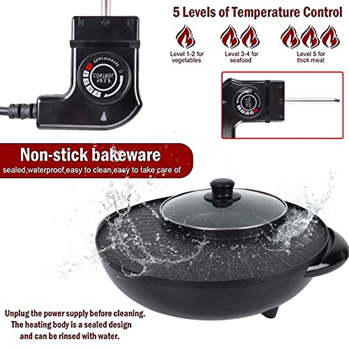 Electric Smokeless Grill and Hot Pot 2 in 1, Multifunctional Round Pot, Hot Pot Plate, Korean Barbecue Electric Smokeless, Non Sticky Pot Black 110v.