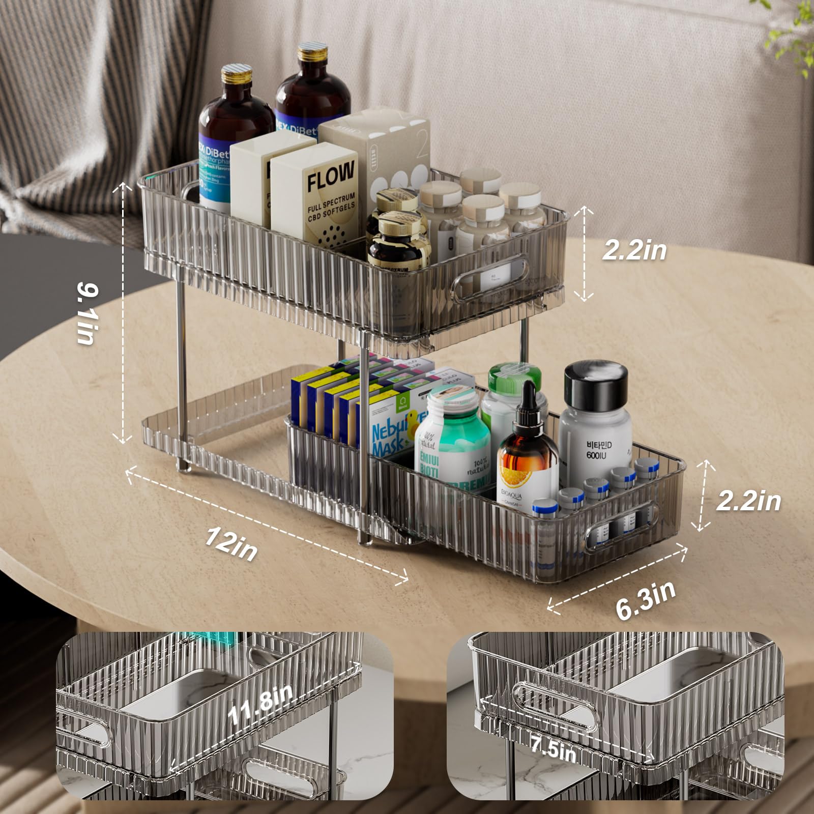 Sellemer Under Sink Organizer: Sliding Kitchen Bathroom Cabinet Organizer, Pull Out Medicine Pantry Organizer with 8 Movable Dividers, 2 Pack Grey and Clear