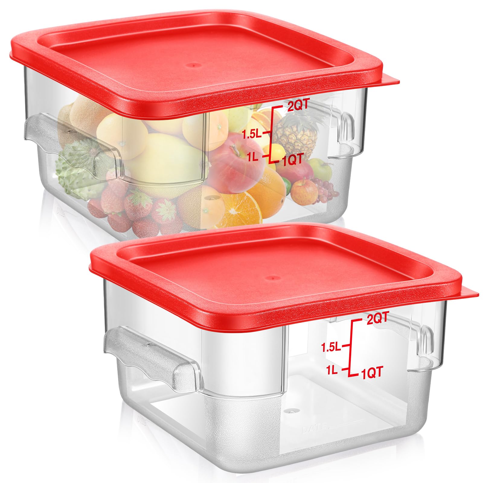 Suclain 2 Pcs Square Food Storage Container Polycarbonate Clear Food Container with Red Lid Commercial Rice Storage with Red Graduations for Commercial Kitchen(7.87 x 3.94 inches)