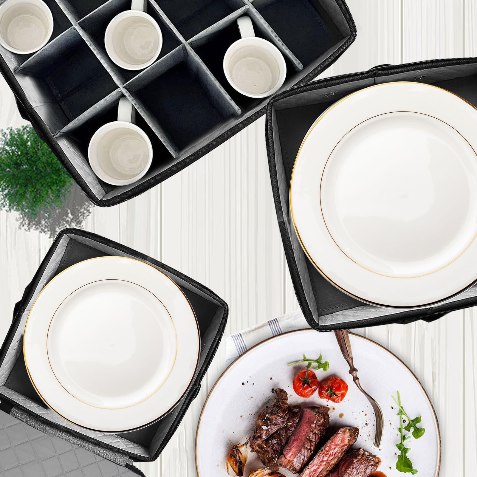 ouruer 5 PACK China Storage Containers-Quilted Mug Storage and Moving Boxes for Dishes,Dish Packing Supplies for Moving,Dinnerware &Accessories,Holds a total of 48 plates (4 sizes) and 12 cups(Grey)