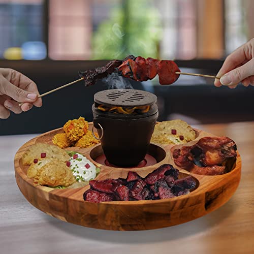 PuPu Platter Mini Hibachi Grill Platter Set - 5 Compartment Bowl Tray 12.6" Diameter With Rotating Lazy Susan - Quality Cast Iron Grill, 3.5" x 3.5" X 4.8", Indoor Mini Smores Maker