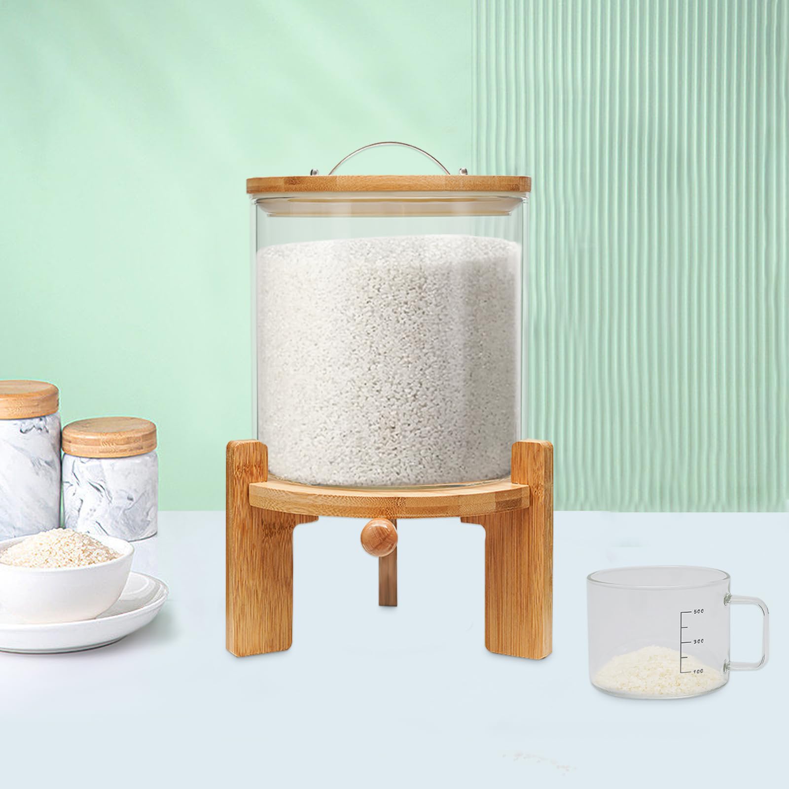 WDZCZDoo Flour and Cereal Container, 5L Rice Dispenser, Creative Glass Food Storge Container for Kitchen Organization and Pantry Store, Airtight Lid and Wooden Stand