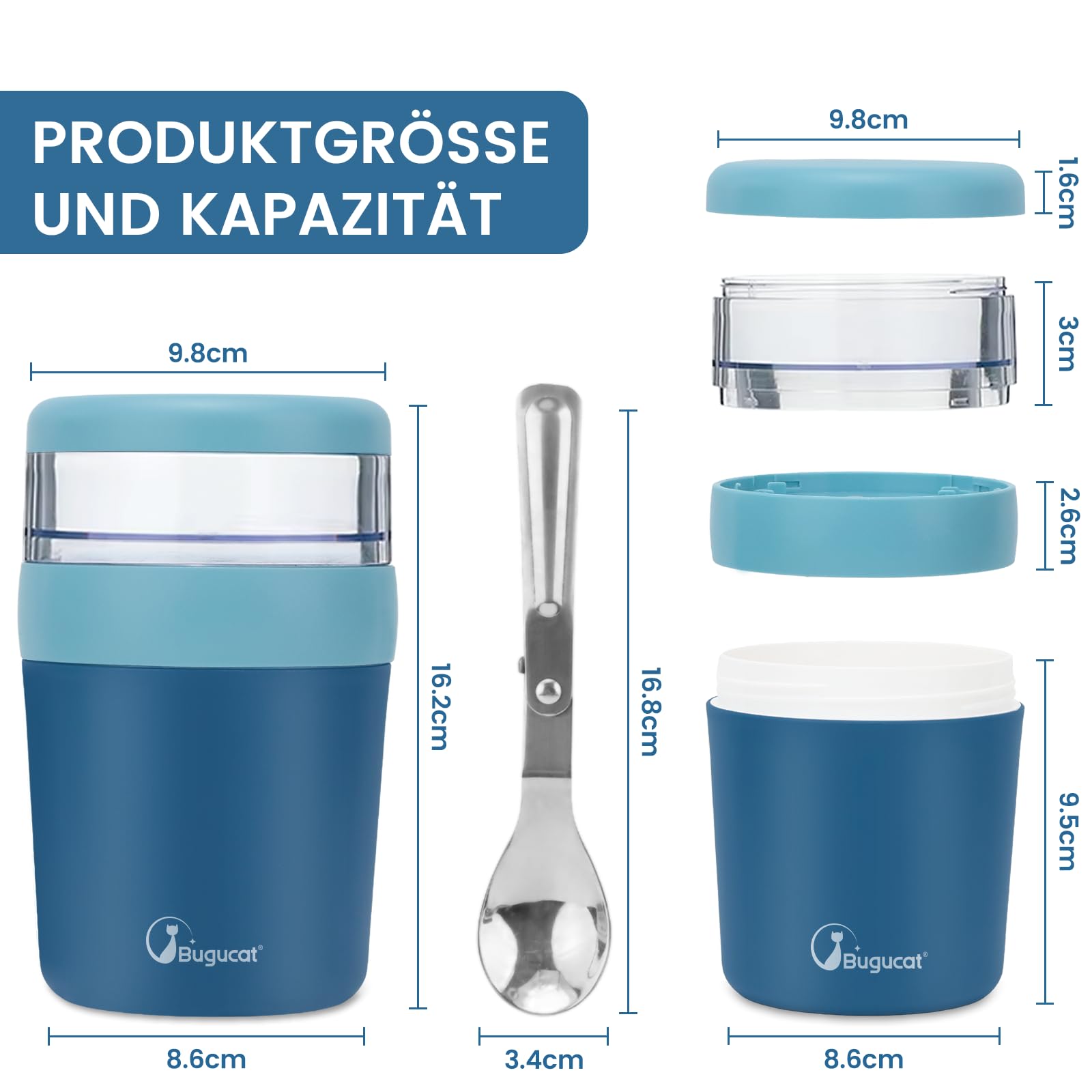 Bugucat Overnight Oats Containers with Lids,Snackle Box Container,500ml+150ml Yogurt and Fruit Holder Cereal Cup to Go with Lids and Spoon, Reusable Portable Cup Cereal Cup with Salad Container