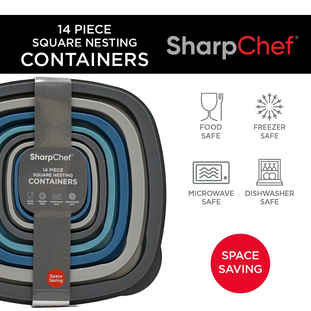 SharpChef 14Pc Square Plastic Food Storage Container Set, Stackable, Nesting, Airtight Leak-proof Lids, Microwavable, Freezer and Dishwasher Safe, Meal Prep, Lunch Bento boxes (Blue Ombre - 1 Pack)