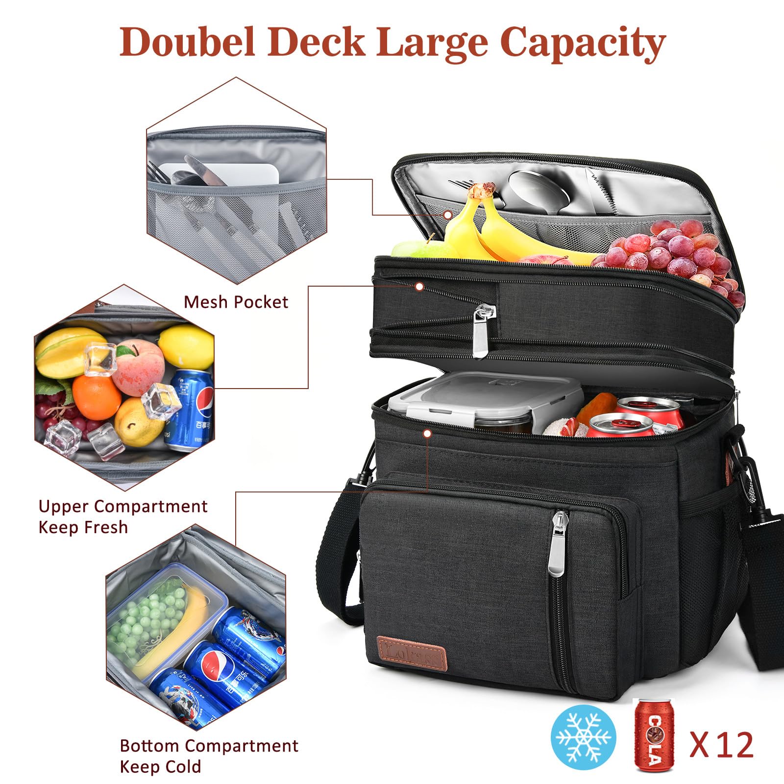 BAGNN Lunch Box & Lunch Bag for Men Women, Large Insulated Adult Lunch Box Leakproof Lunchbox Cooler Bag for Work Picnic Beach,16L, Black