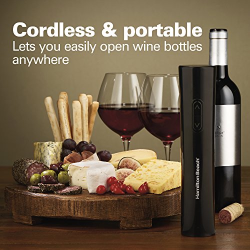 Hamilton Beach 76610 Cordless Electric Wine Bottle Opener with Battery Charger, Foil Cutter and Comfortable Grip, Portable, Black