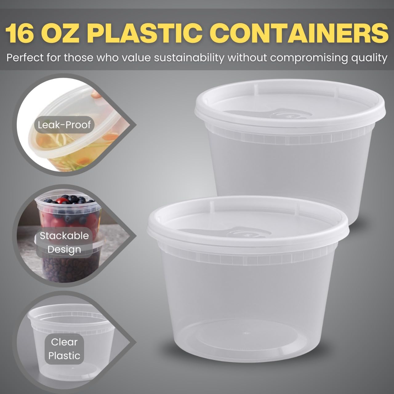 Smygoods 16oz Plastic Deli Containers with Lids - 20ct - BPA Free - Leakproof - Stackable - Microwave and Freezer Safe - Clear.