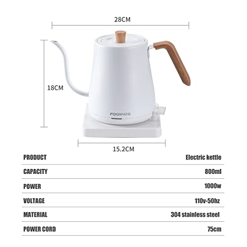 Fooikos Electric Gooseneck Kettle 0.8L for Pour Over Coffee and Tea, Food Grade 304 Stainless Steel, 1000W Quick Heating (White)