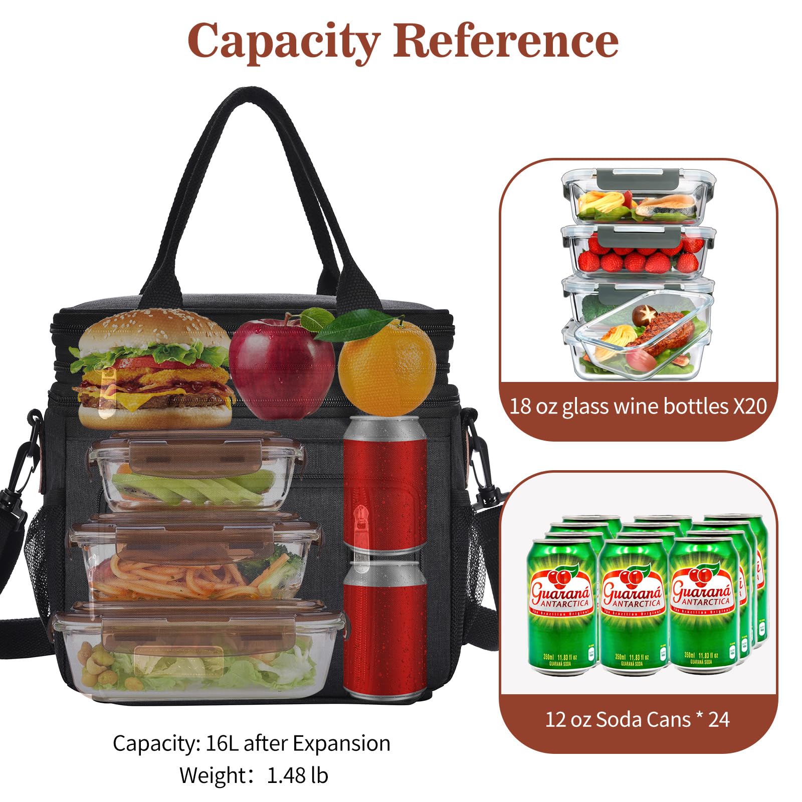 BAGNN Lunch Box & Lunch Bag for Men Women, Large Insulated Adult Lunch Box Leakproof Lunchbox Cooler Bag for Work Picnic Beach,16L, Black