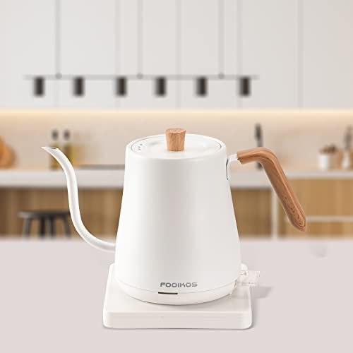 Fooikos Electric Gooseneck Kettle 0.8L for Pour Over Coffee and Tea, Food Grade 304 Stainless Steel, 1000W Quick Heating (White)