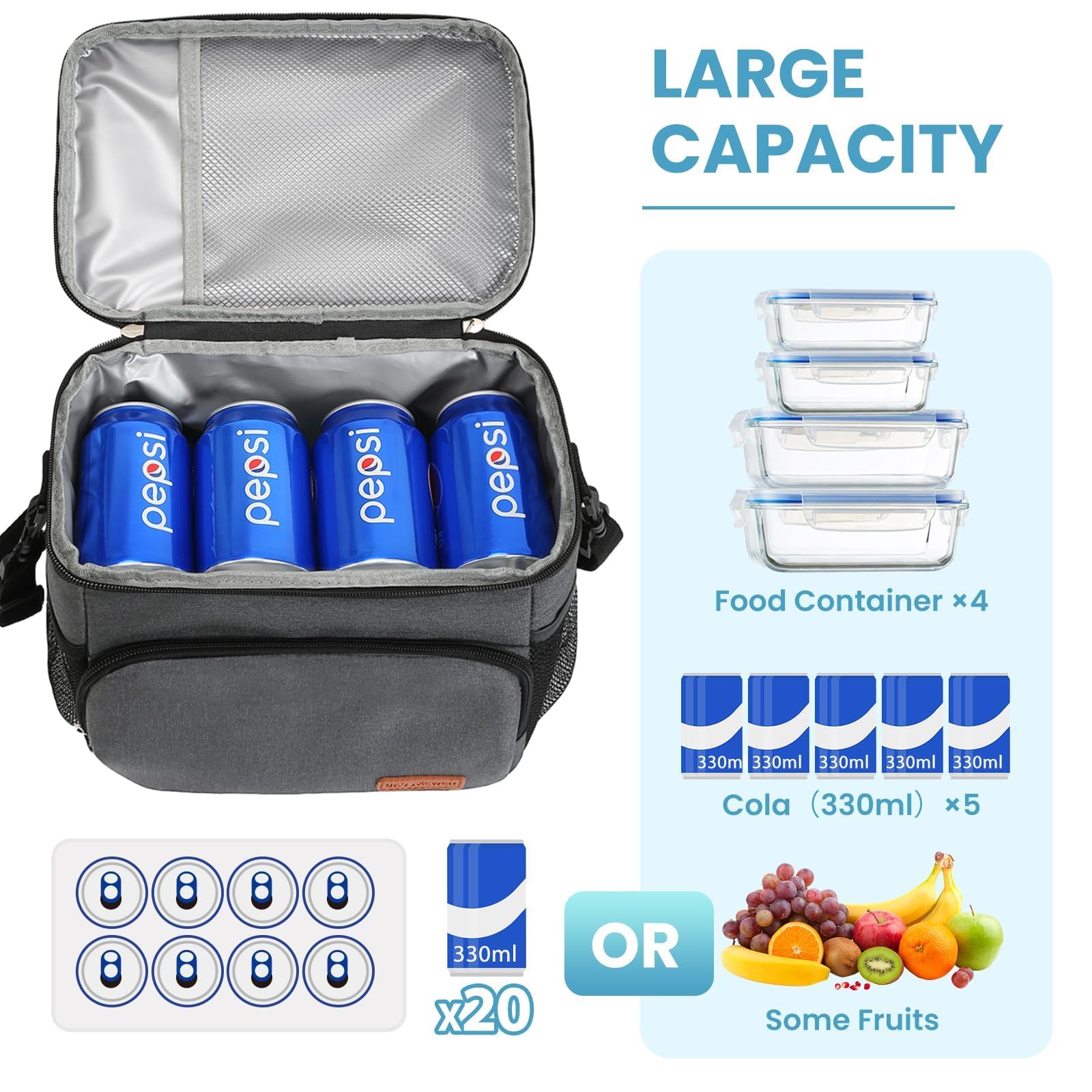 BAGSVIEWER Large Insulated Lunch Box for Men & Women, Reusable Lunch Bag for Work Office Picnic, Leakproof Cooler Bag with Adjustable Shoulder Strap (Grey, 12L)