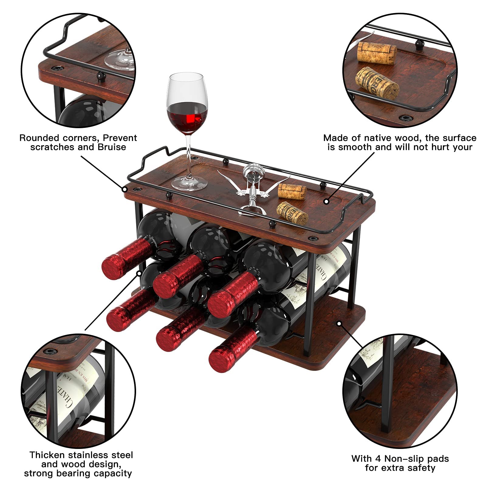 Visentor Countertop Wine Rack, 2 Tier Wood Metal Wine Racks Free Standing Floor, Tabletop Wine Bottle & Cork Holder Organizer, for Bar Decor, Kitchen Pantry Cabinet, Can Hold 6 Wine Bottles