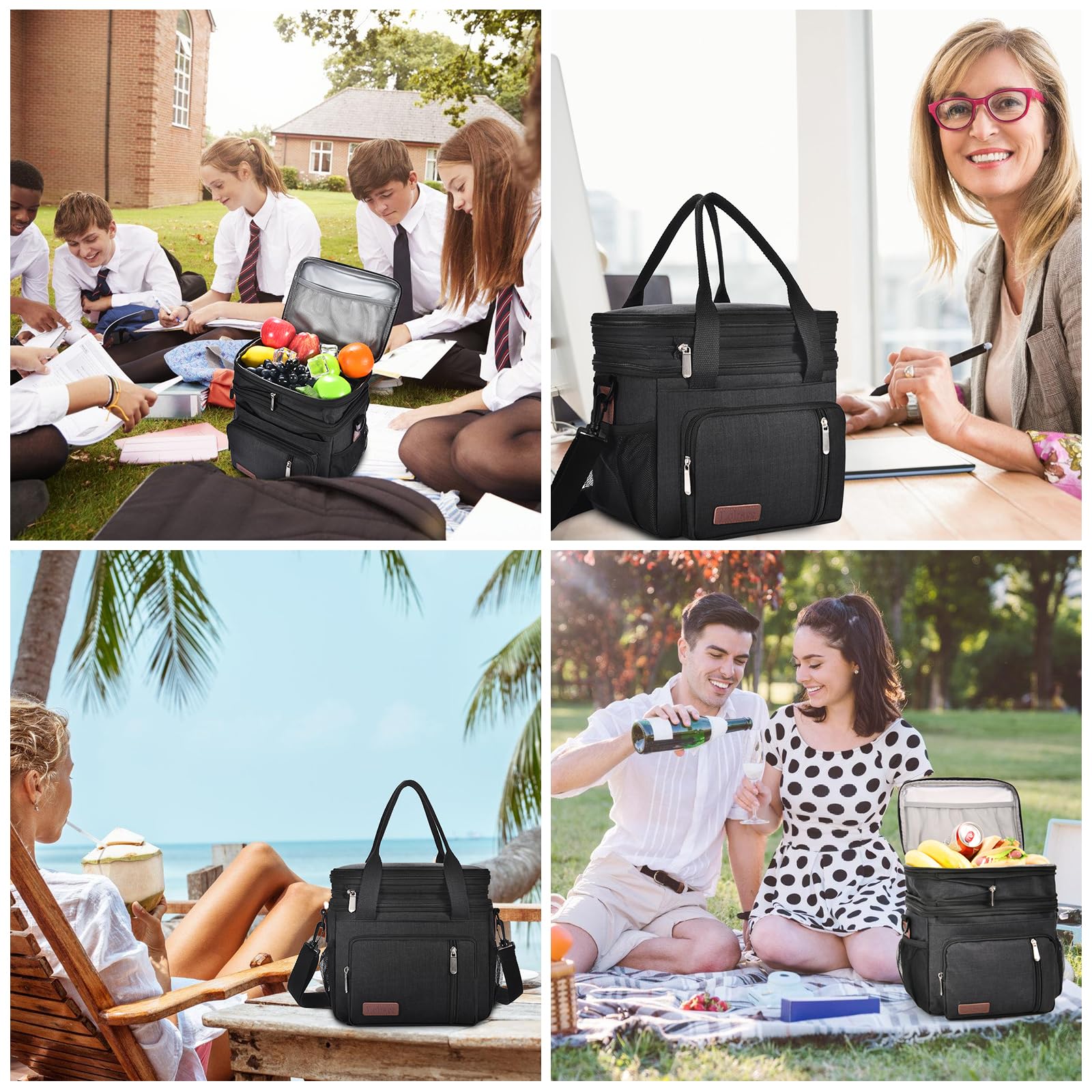BAGNN Lunch Box & Lunch Bag for Men Women, Large Insulated Adult Lunch Box Leakproof Lunchbox Cooler Bag for Work Picnic Beach,16L, Black