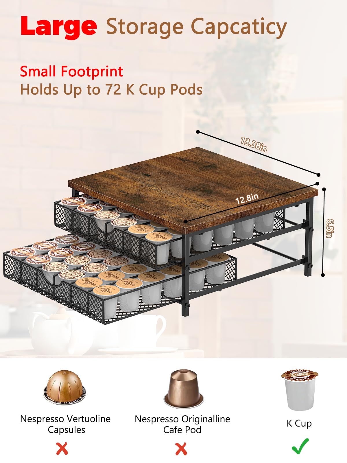 MOOACE Coffee Pod Holder for K Cup Holder Drawer Holder, Coffee Pod Drawer For Counter, 2 Tier K-Cup Storage With Sliding Baskets, 72 Capacity Pods Organizer Cups Capsule for Coffee Station, Black