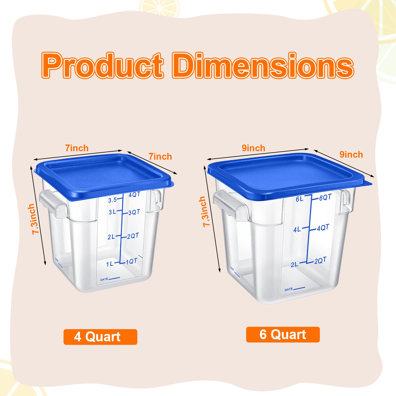 Suclain 8 Pcs Restaurant Food Storage Containers with Lids Set 4qt and 6qt Square Clear Commercial Containers with Scales Handles for Home Marinating Meat Proof Dough Kitchen Food Storage(Blue)