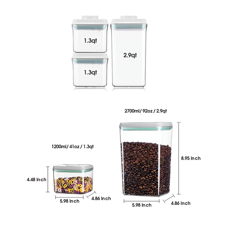 ODOROKU 3 Piece Pop Up Plastic Food Container Sets, Airtight Food Storage Containers with Lids, BPA-Free Air Tight Stackable Dry Cereal Snacks Container, Kitchen Pantry Organization Storage