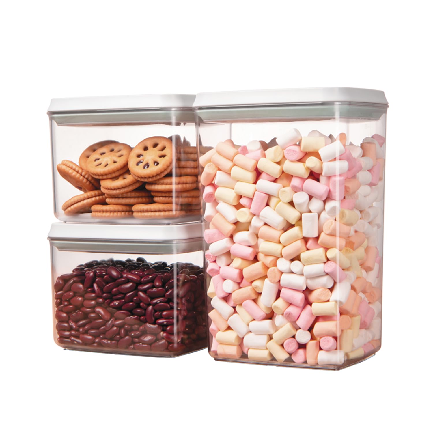 ODOROKU 3 Piece Pop Up Plastic Food Container Sets, Airtight Food Storage Containers with Lids, BPA-Free Air Tight Stackable Dry Cereal Snacks Container, Kitchen Pantry Organization Storage