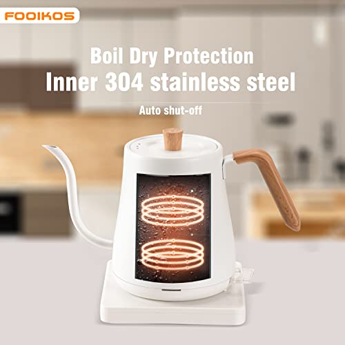 Fooikos Electric Gooseneck Kettle 0.8L for Pour Over Coffee and Tea, Food Grade 304 Stainless Steel, 1000W Quick Heating (White)