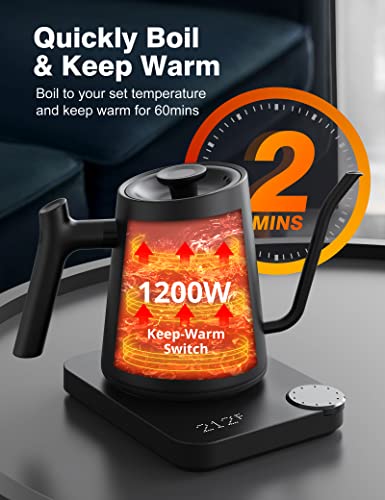 JIANW Gooseneck Electric Pour-Over Kettle, Temperature Variable Kettle for Coffee Tea Brewing, 0.9L Quick Heating Stainless Steel Holding, Built-in Stopwatch,Black