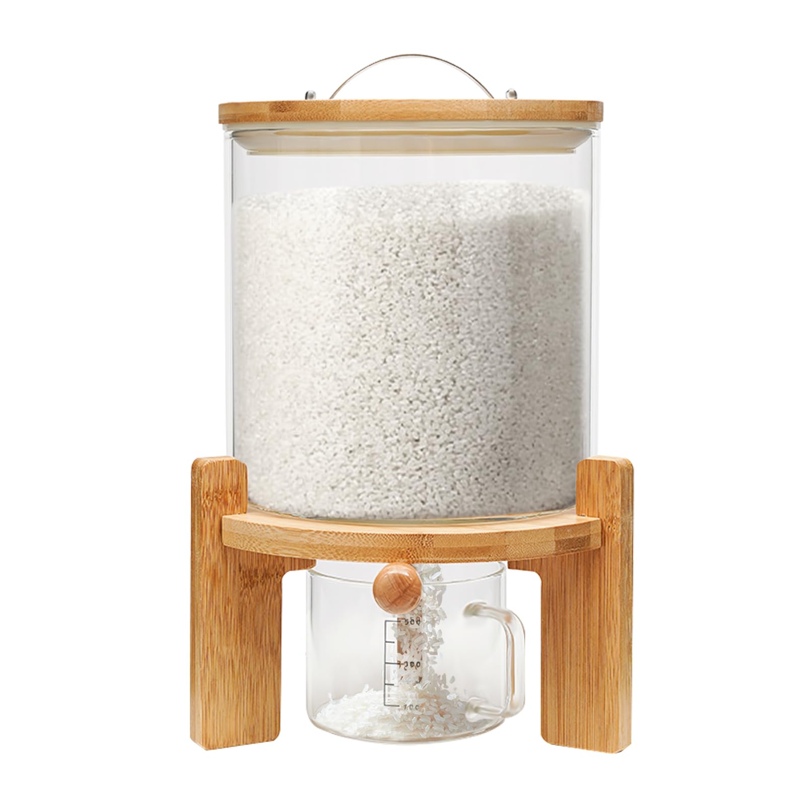 DYNAMI 5L Glass Rice Dispenser with Airtight Lid,Glass Cereal Dispenser w/Bamboo Stand and Measuring Cup,Bamboo Lid with Thermometer & Silicone Seal Ring,for Kitchen Organization Pantry Store