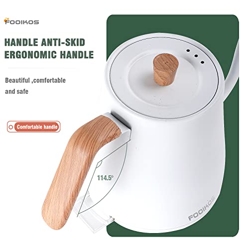 Fooikos Electric Gooseneck Kettle 0.8L for Pour Over Coffee and Tea, Food Grade 304 Stainless Steel, 1000W Quick Heating (White)