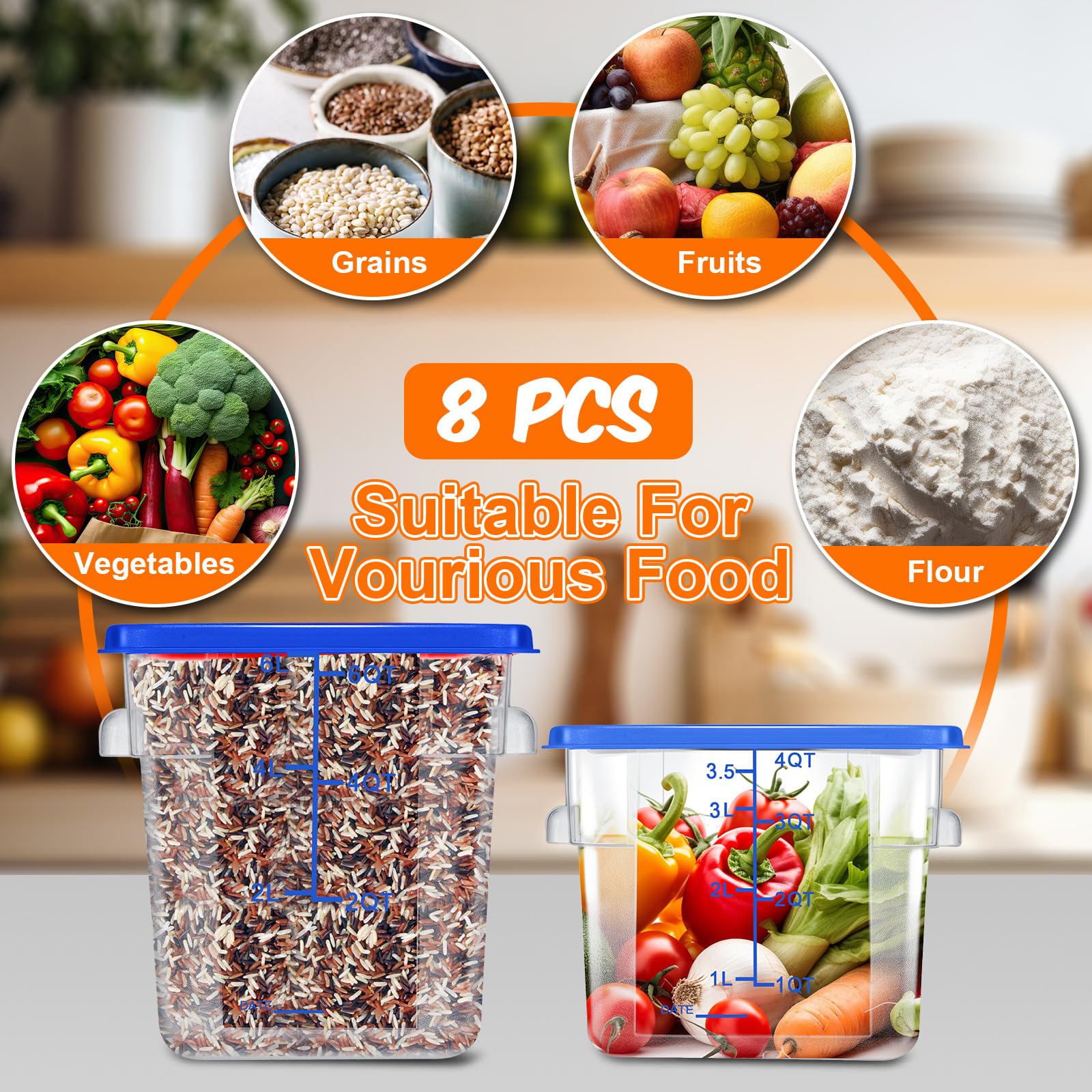 Suclain 8 Pcs Restaurant Food Storage Containers with Lids Set 4qt and 6qt Square Clear Commercial Containers with Scales Handles for Home Marinating Meat Proof Dough Kitchen Food Storage(Blue)