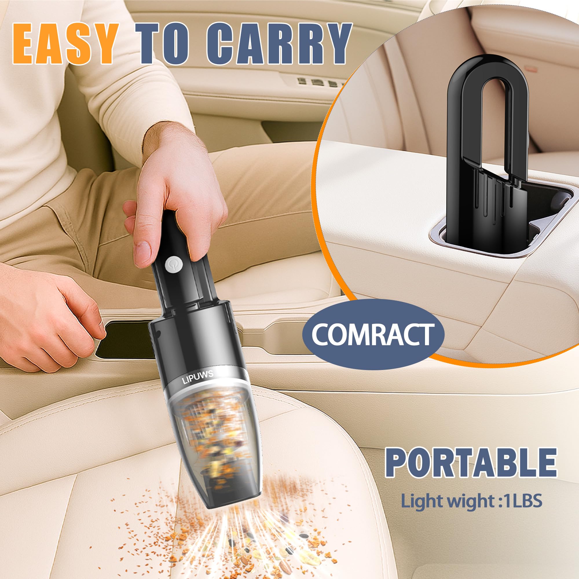 LIPUWS Mini Protable Car Vacuum Cordless,Handheld Vacuum for Quick Cleaning, Hand held vacuuming, Dust Buster Cordless Rechargeable for Car Home and Office