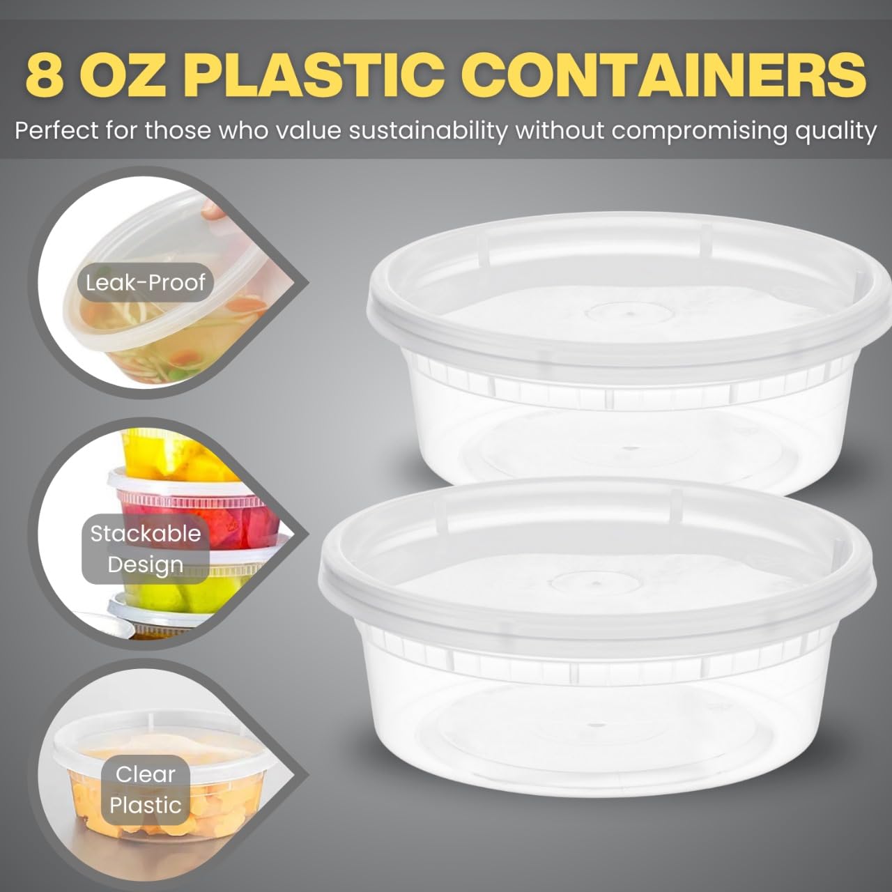 Smygoods 8oz Plastic Deli Containers with Lids - 80ct - BPA Free - Leakproof - Stackable - Microwave and Freezer Safe - Clear.